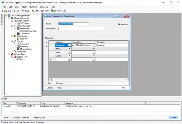 Logging OPC Data with Custom Time Formats